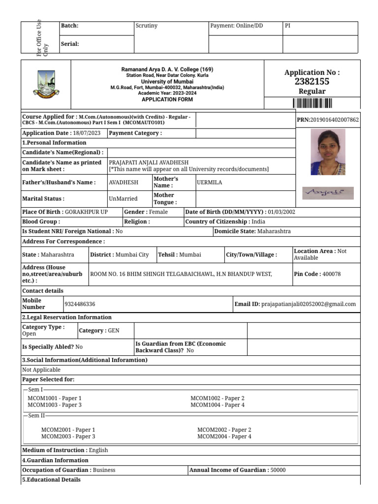 University Admission Form | PDF