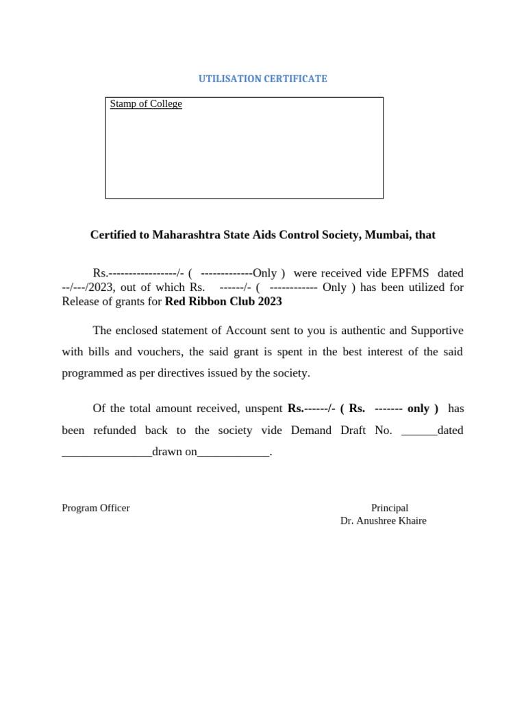 Utilisation Certificate | PDF