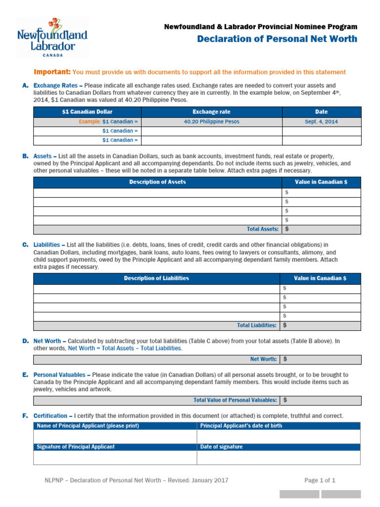 Declarationof Personal Net Worth | PDF