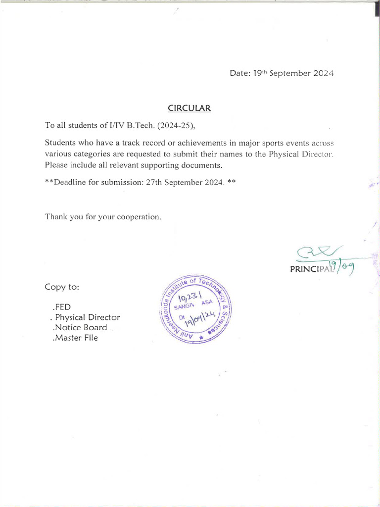 Sports Circular For 1st Year Students (2024-25) | PDF