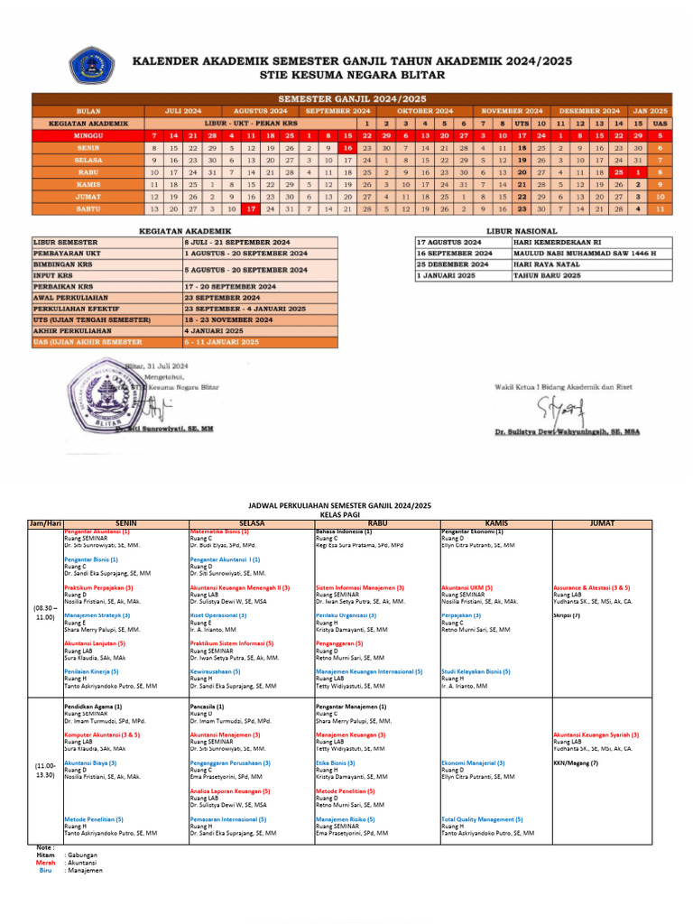 Kalender Akademik Dan Jadwal Perkuliahan Semester Ganjil 2024-2025 | PDF