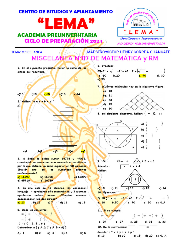 Practica Miscelanea 7 Matematica Simulacro I Premundo 2024 | PDF
