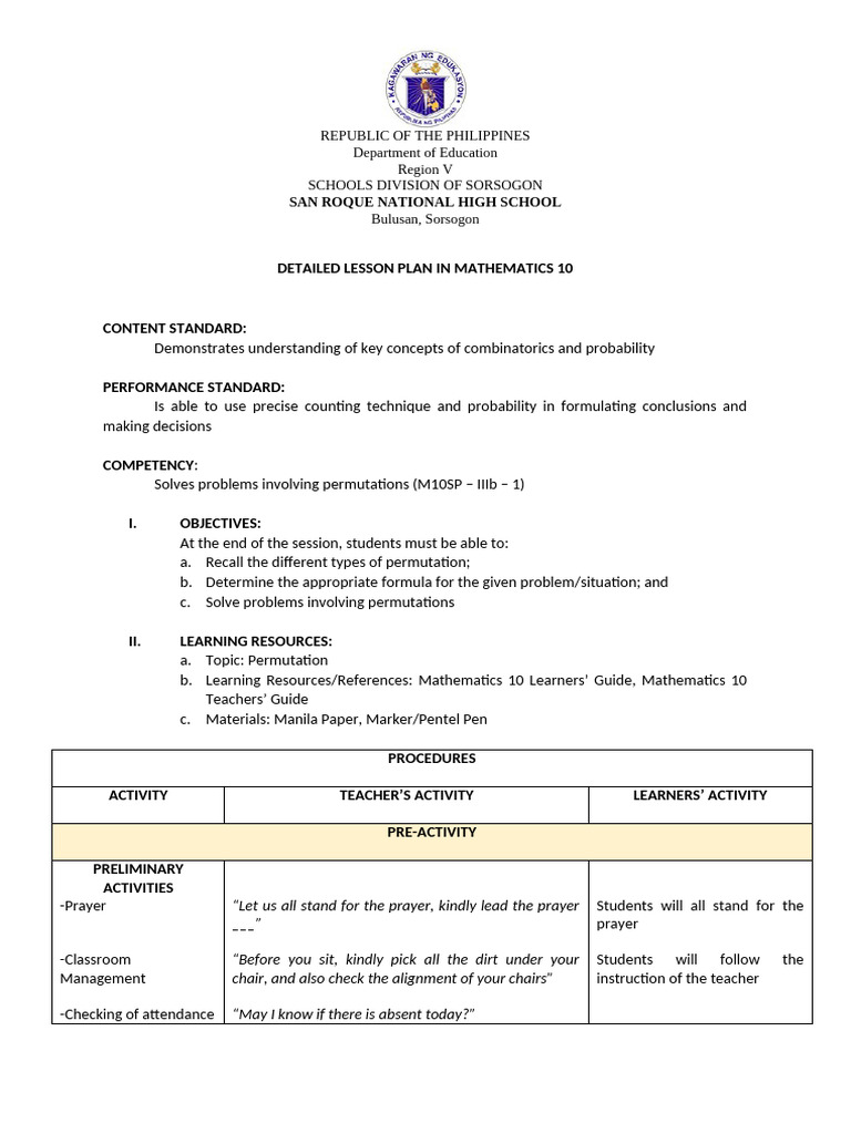 Lesson Plan in Math 10 - 3rd Quarter | PDF