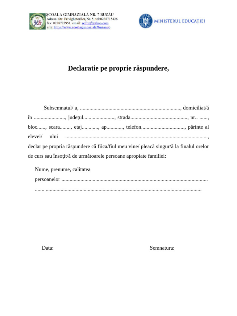 Declaratie - Deplasare Scoala - Acasa | PDF