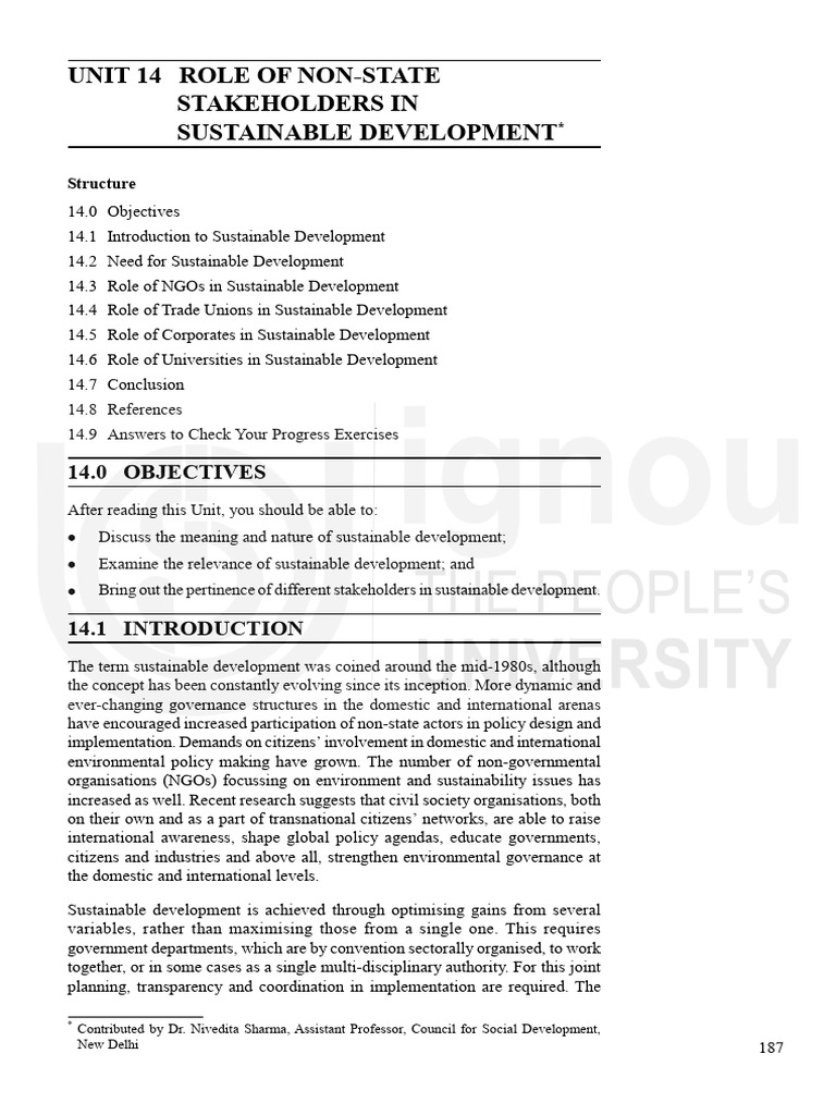 Unit-14 Role of Non-State Stakeholders in Sustainable Development | PDF Unit-14 Role of Non-State Stakeholders in Sustainable Development | PDF