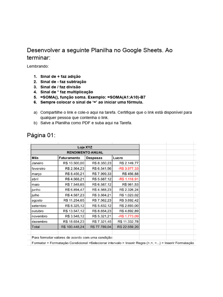 01 Exercício Google Planilhas | PDF