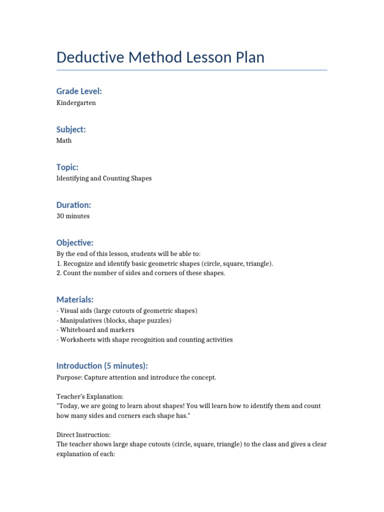 Deductive Method Lesson Plan Kindergarten | PDF
