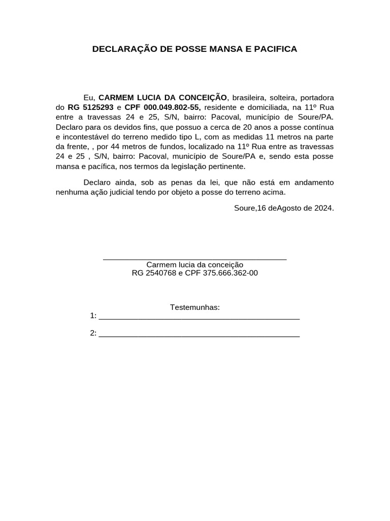 Declaração de Posse Mansa e Pacifica Rosangela | PDF