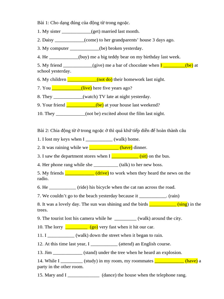 BT VỀ THÌ QKĐ VÀ QKTD | PDF