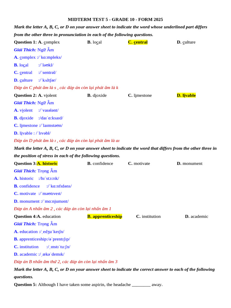 MIDTERM TEST 5.docx Đề 5 Lớp 10 Giải Chi Tiết | PDF