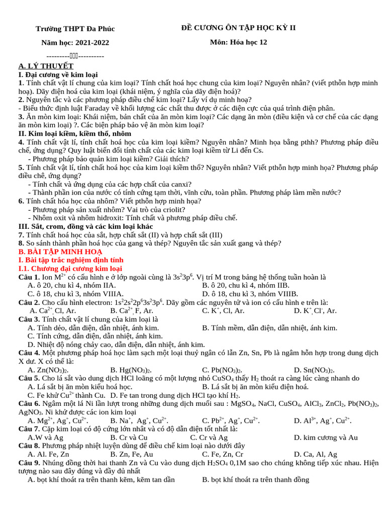 De Cuong HK2 Hoa Lop 12 Nam 2021-2022 | PDF