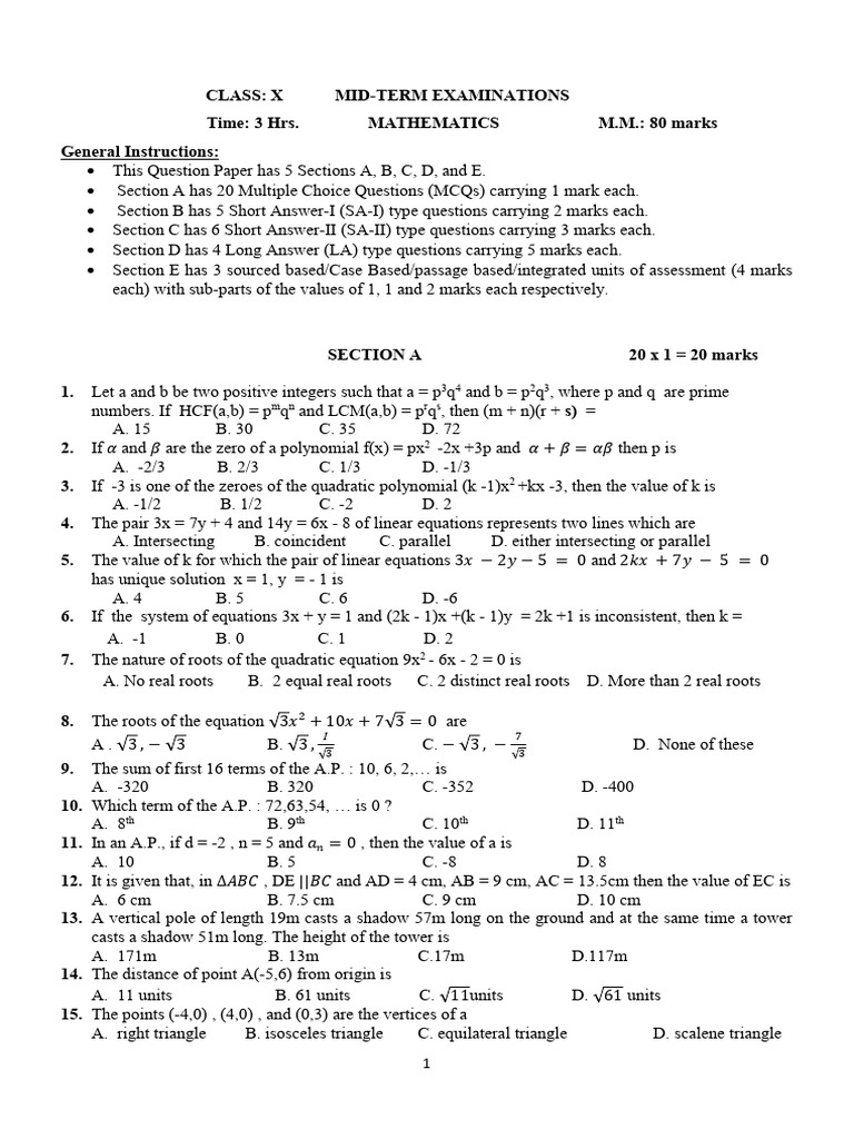 10th Maths Mid Term Exam | PDF