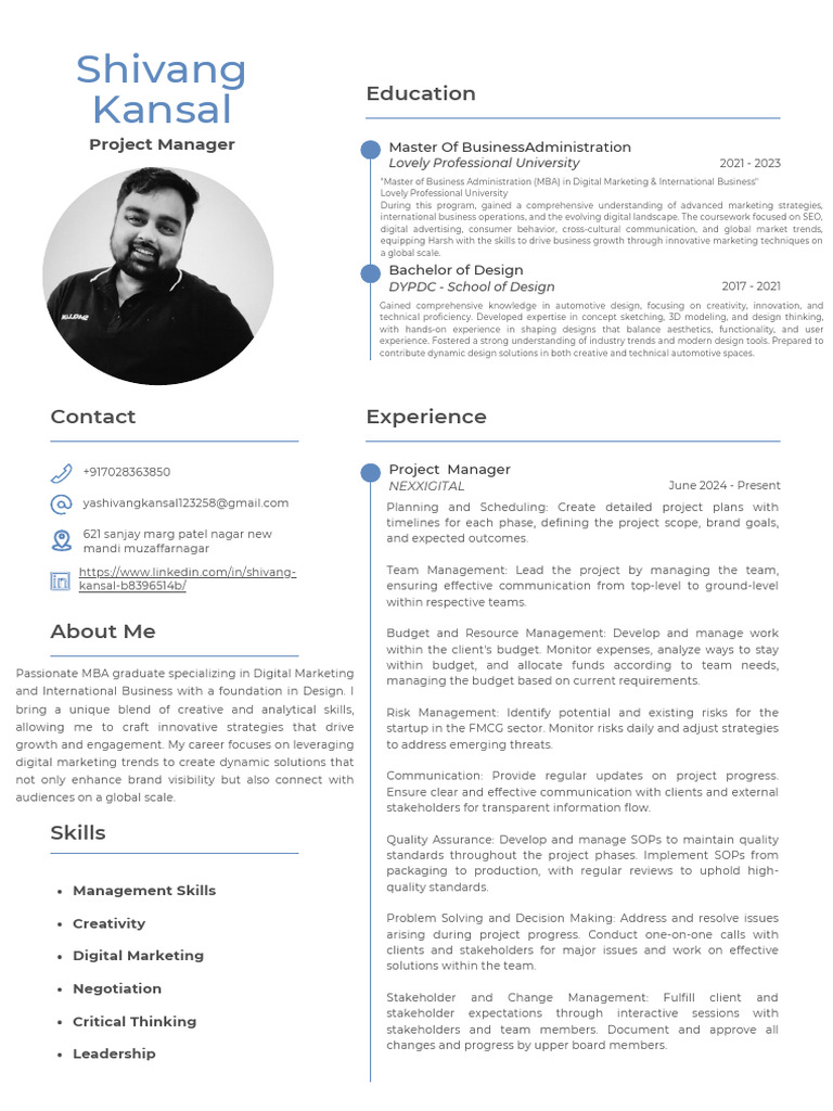 Shivang Kansal Project Manager CV | PDF