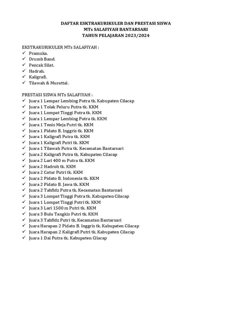 A4 Daftar Prestasi Siswa TP 20232024 | PDF