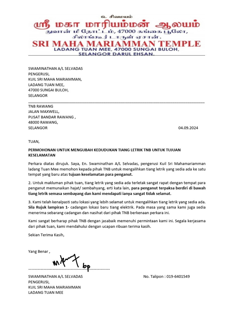 Surat TNB Ubah Tiang 3 | PDF