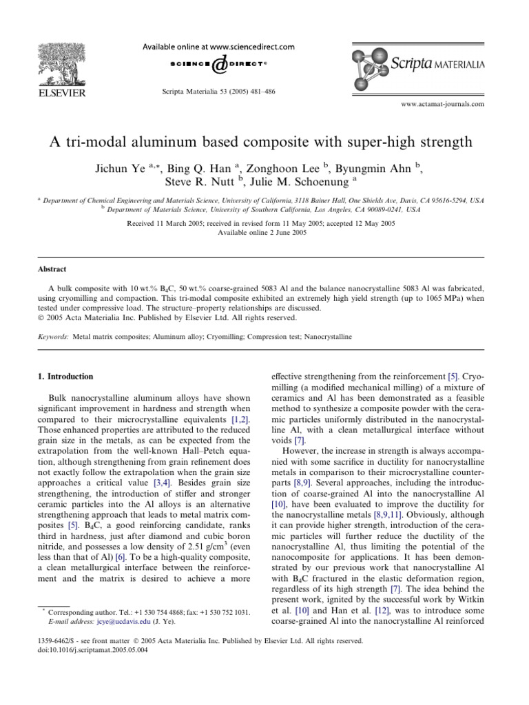 Scripta Materialia 2005 A Tri-Modal Aluminum Based Composite With Super-High Strength | PDF
