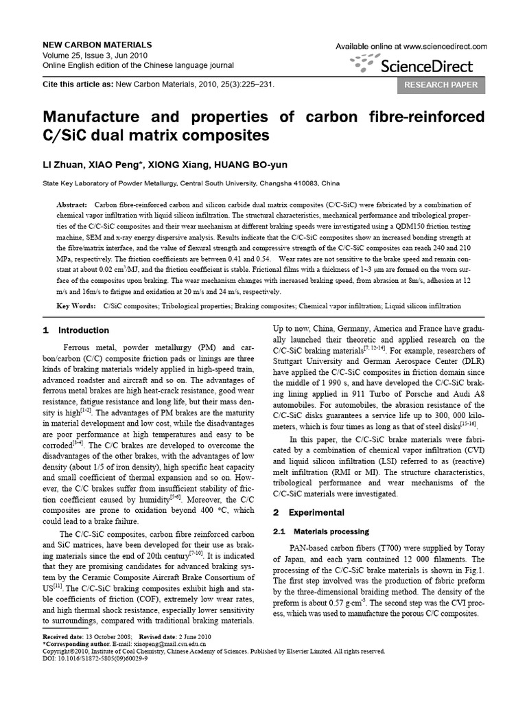 NEW CARBON MATERIALS 2010 Manufacture and Properties of Carbon Fibre-Reinforced CSiC Dual Matrix ...