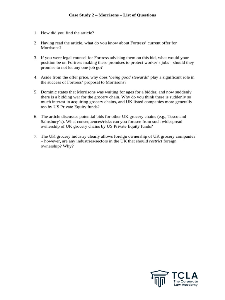 Case Study 2 (Morrisons) - List of Questions | PDF