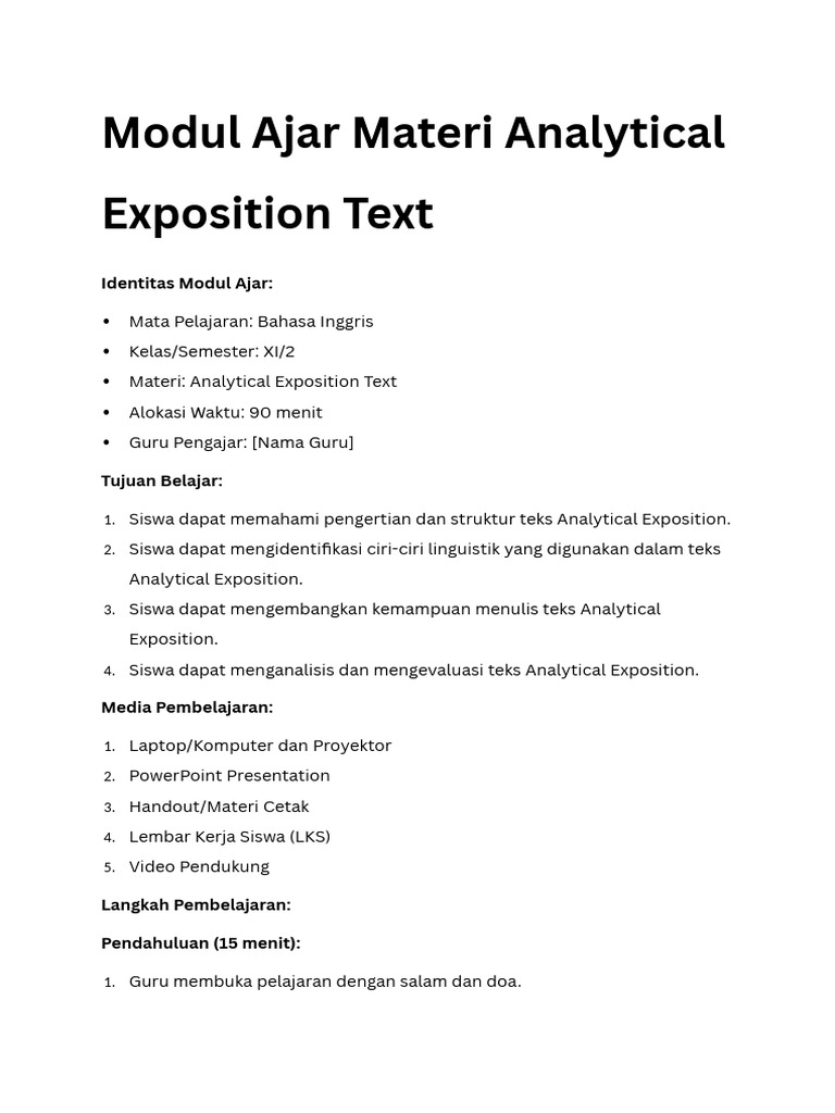 Modul Ajar Materi Analytical Exposition Text | PDF