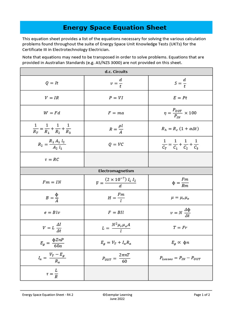 Energy Space Equation Sheet - R4.2 | PDF | Theoretical Physics ...