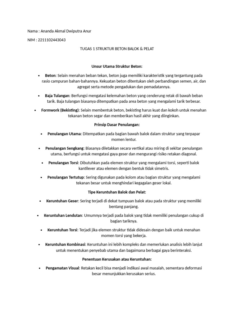 043 - Tugas 1 Struktur Beton Balok Dan Pelat | PDF