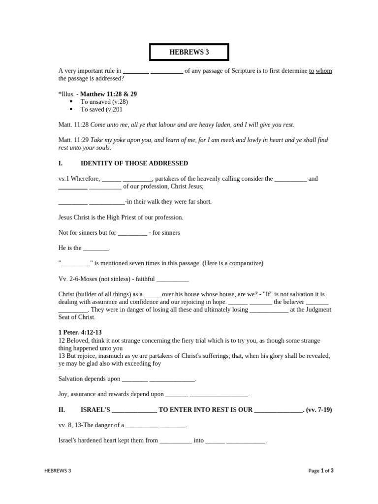 Book of Hebrews Hebrews 3 Students | PDF