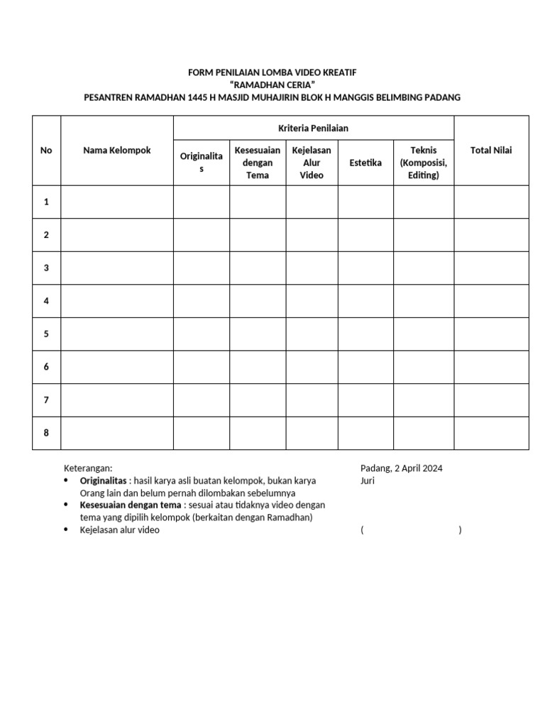 Form Penilaian Lomba Video Kreatif | PDF