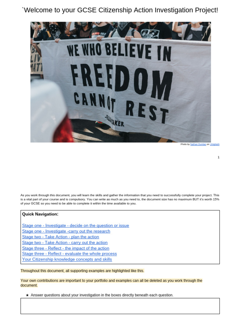 GCSE Citizenship - Taking Citizenship Action Investigation Project | PDF