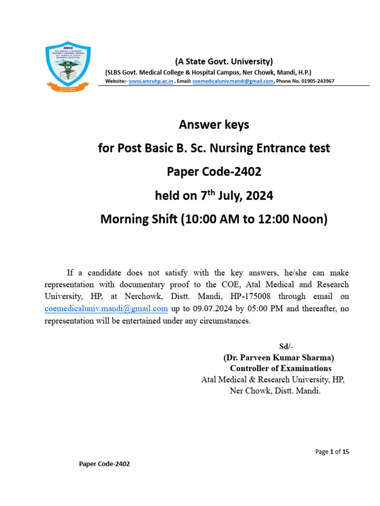 Answer Keys For Post Basic B. Sc. Nursing Entrance Test Paper Code 2402 ...