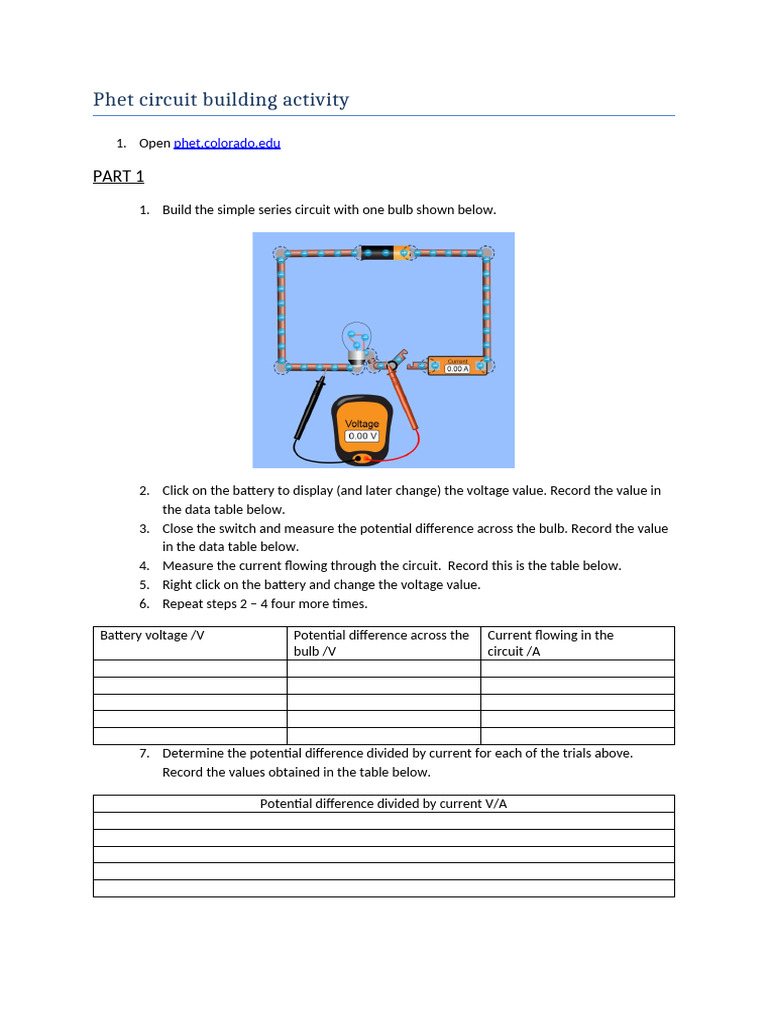 Series and Parallel Circuits Phet Worksheet | PDF