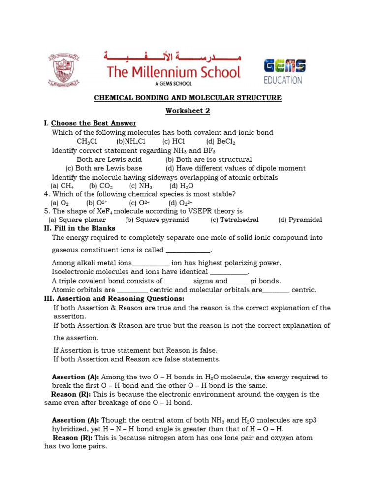 Chemical Bonding Revision Worksheet | PDF