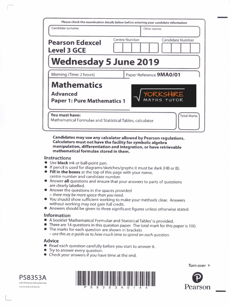 Edexcel A Level Maths Paper1 June 2019 Solutions | PDF