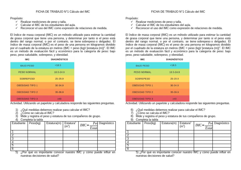 FICHA DE TRABAJO N Calculo Imc | PDF | Índice de masa corporal | Obesidad