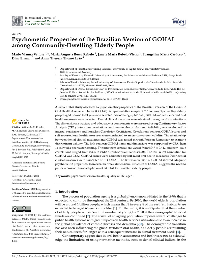 Psychometric Properties of The Brazilian Version of GOHAI Among Community-Dwelling Elderly ...