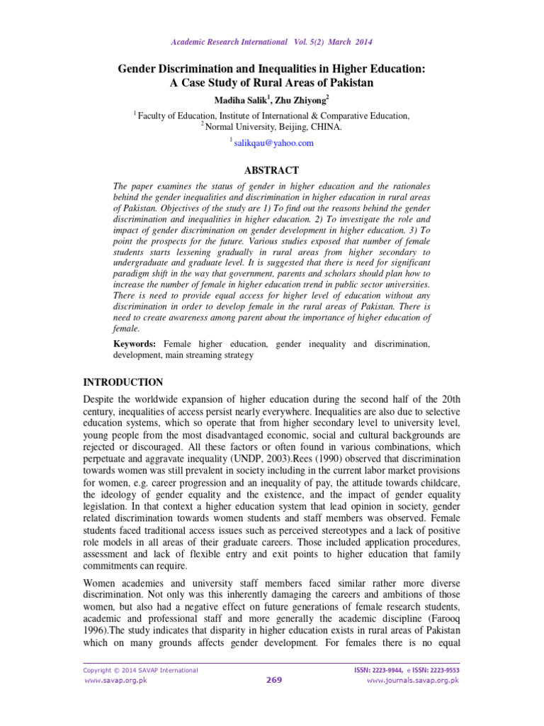 Gender Discrimination and Inequalities in Higher Education: A Case ...