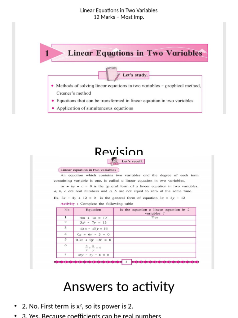 Linear Equations in Two Variables Intro and PS 1 - 1 | PDF