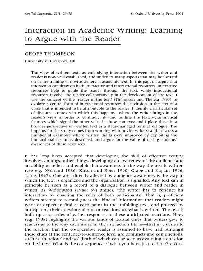 Thompson - 2001 Interaction in Academic Writing - Learning To Argue ...