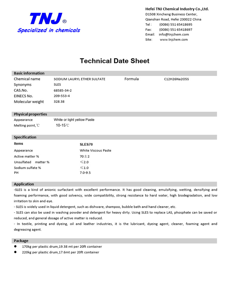 TDS Sles 70 Sodium Lauryl Ether Sulfate | PDF