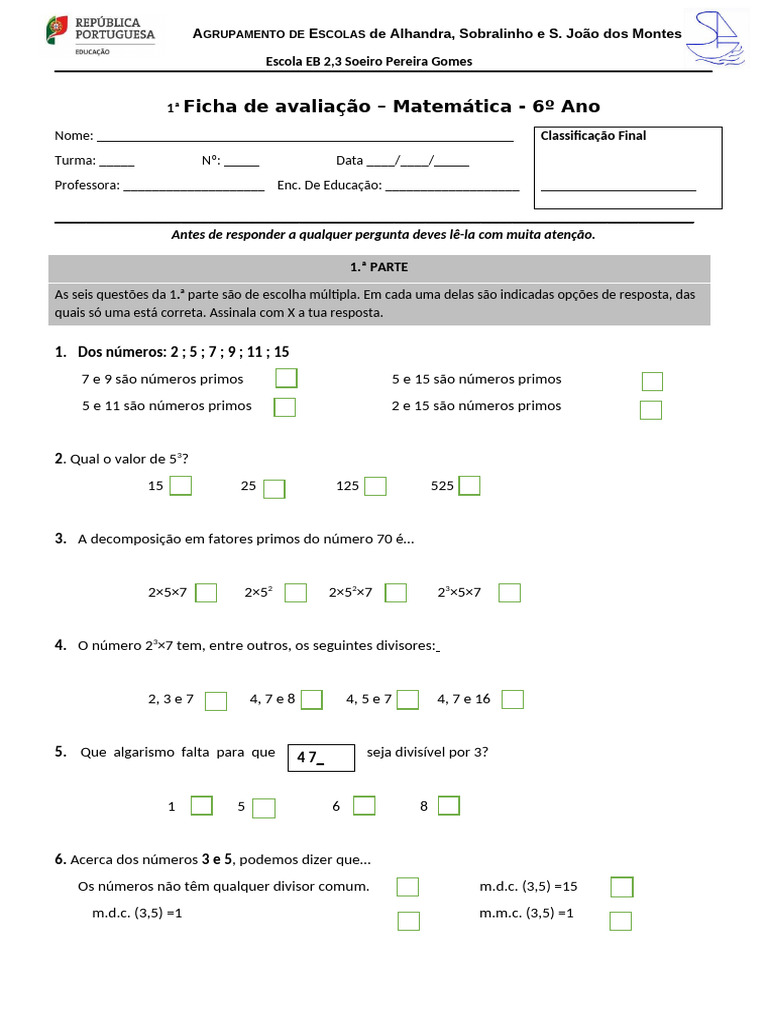 1º Teste MAT6 | PDF