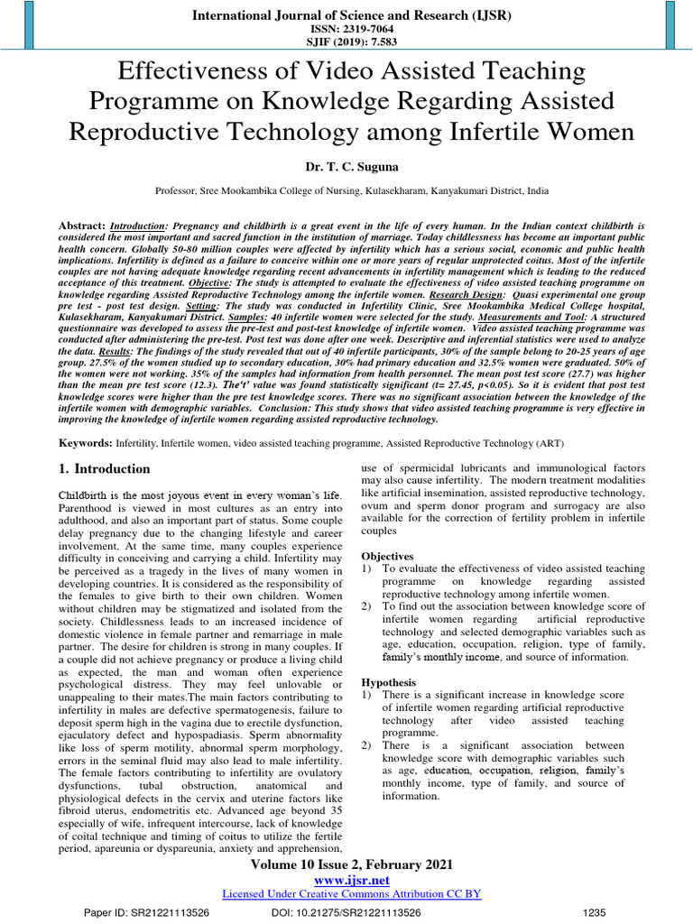 Effectiveness of Video Assisted Teaching | PDF | Infertility | Mean