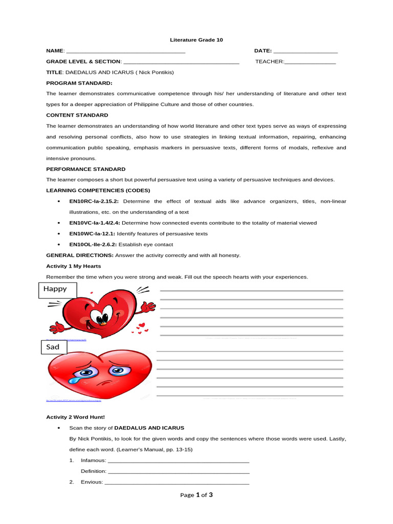 Sheet Module 1 Lesson 1 Literature Daedalus and Icarus 2 | PDF ...