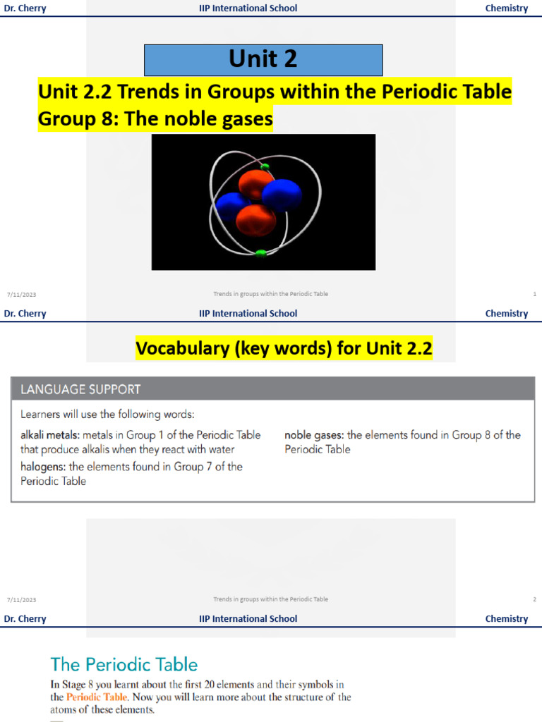 Unit 2.2 Trends in Groups Within The Periodic Table Group 8: The Noble Gases | PDF
