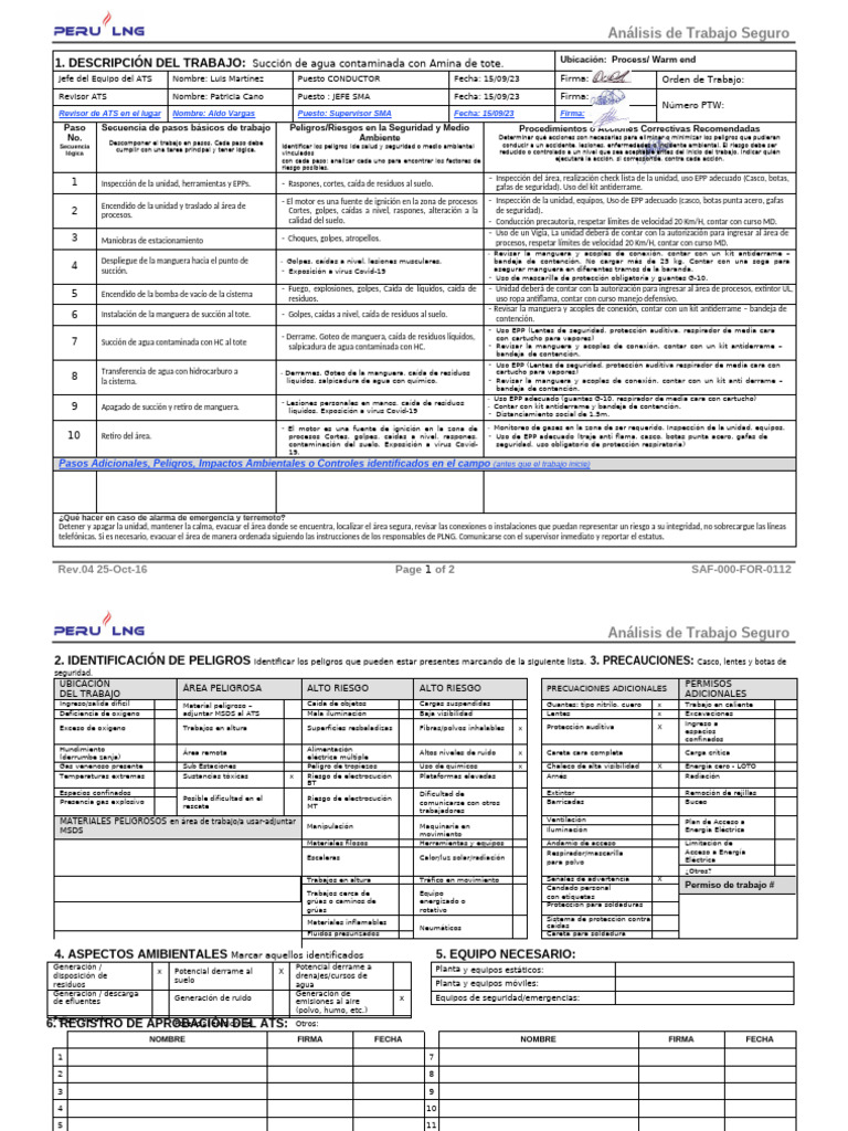 SAF-000-For-0112 - Succión de Agua Contaminada Con Amina Al Tote | PDF