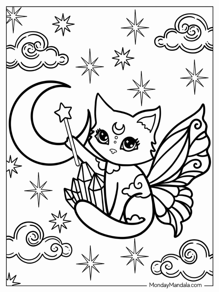 Kawaii Magical Cat With Wings and Wand Coloring Page For Kids | PDF