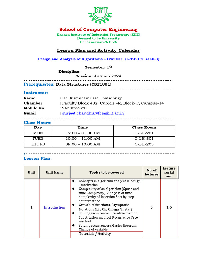 Autumn 2024 CS30001 DAA Complete Lesson Plan - Section CSSE-2 | PDF