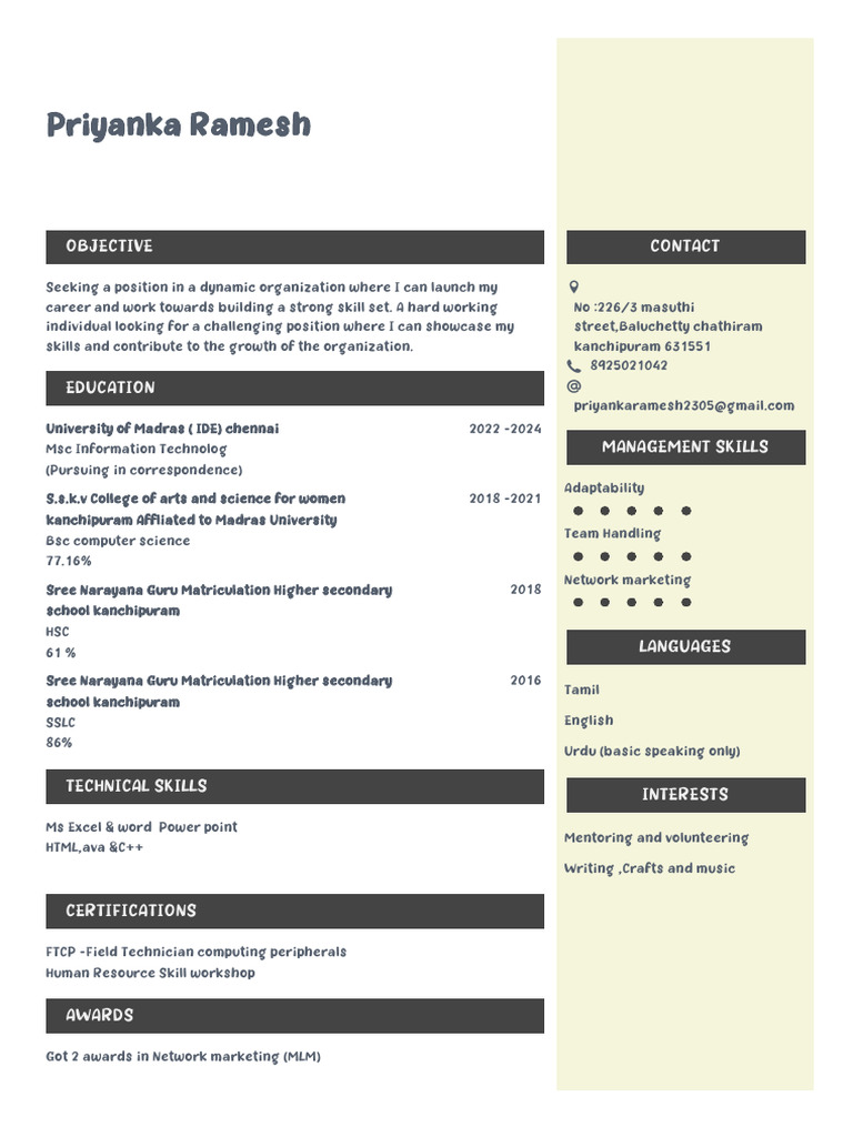 Priyanka Resume - Krithika Reference | PDF