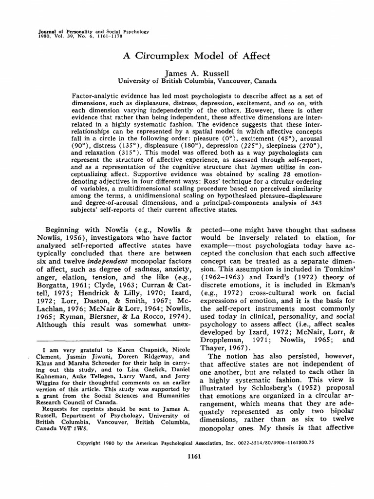 A Circumplex Model of Affect (Copy) | PDF