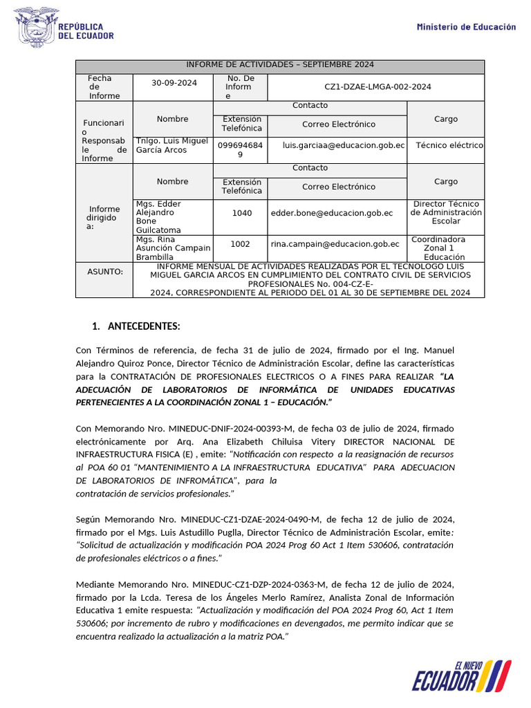 Informe de Actividades Realizadas Septiembre 2024 | PDF