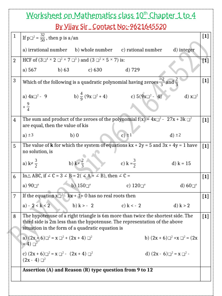 Worksheet On Mathematics Class 10th Chapter 1 To 4 | PDF