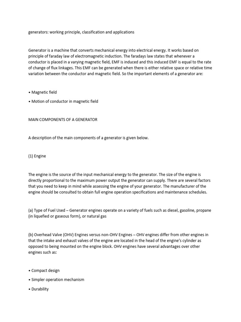 Generator's Working Principles, Classification and Applications | PDF